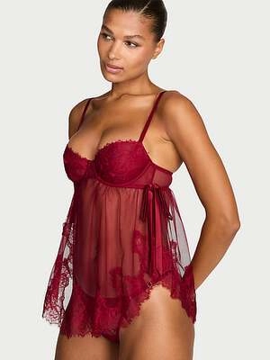 Victoria's Secret Very Sexy Wicked Sheer Unlined Lace-trim Babydoll Set - Red