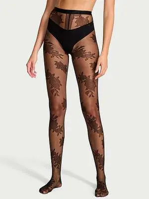 Victoria's Secret Rose Patterned Tights - Black