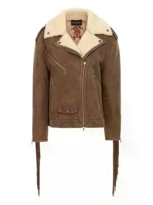 Roberto Cavalli Shearling-trimmed Fringed Leather Jacket - Brown