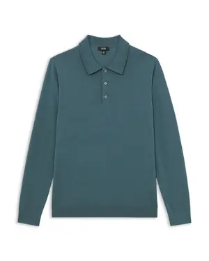 REISS Trafford Long Sleeved Half Button Merino Wool Polo - Orion Blue