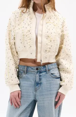 AZALEA WANG Embellished Cropped Bomber Jacket