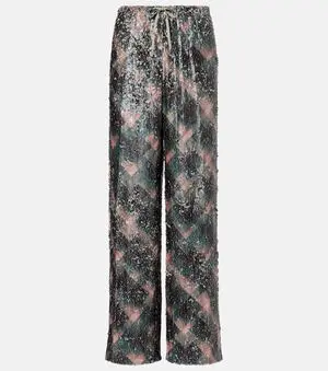 Dries Van Noten Checked Sequined Palazzo Pants - Green