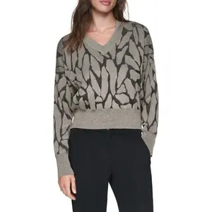 Dkny Jacquard V-Neck Sweater Putty