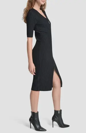 Dkny Ribbed Front Zip Sweater Dress - Black