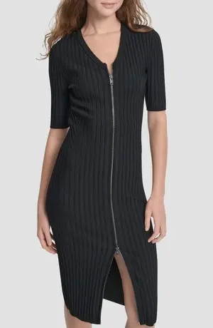 Dkny Ribbed Front Zip Sweater Dress - Black