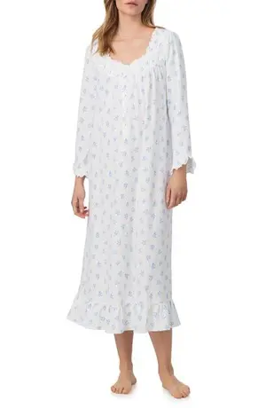 Eileen West Long Sleeve Stretch Cotton Pointelle Ballet Nightgown - White/ditsy Floral