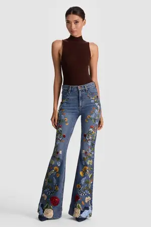 Alice + Olivia Embroidered Bell Bottom Jean
