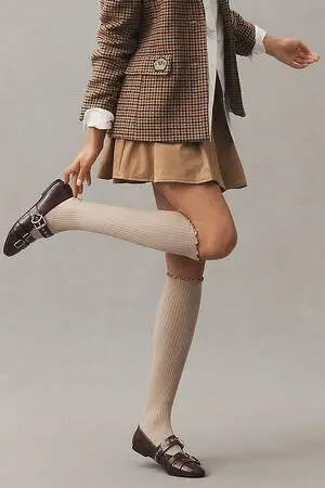 Anthropologie Ribbed Ruffle Knee-High Socks Tan