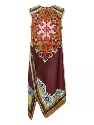 La DoubleJ Floral-print Fringe Asymmetric Dress - Brown