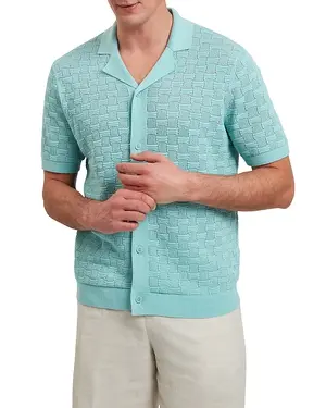 Ted Baker London Ridges Short Sleeve Textured Silk And Cotton Regular Fit Button Down Shirt - Green