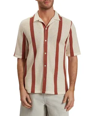 Ted Baker London Niks Short Sleeve Striped Crochet Regular Fit Button Down Shirt - Taupe