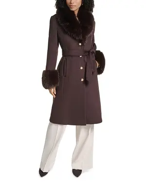 Karl Lagerfeld Paris Wool Blend Faux Fur Trimmed Coat - Java