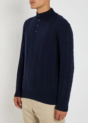 AURELIEN Cable-knit Wool And Cashmere-blend Polo Jumper - Navy