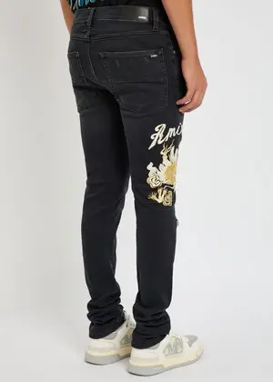 Amiri Dragon Repair Embroidered Slim-leg Jeans