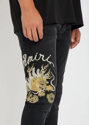 Amiri Dragon Repair Embroidered Slim-leg Jeans