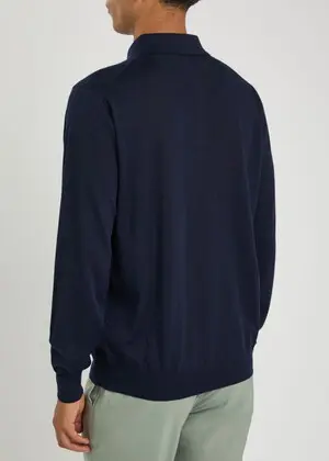 LARDINI Fine-knit Wool-blend Polo Shirt - Navy
