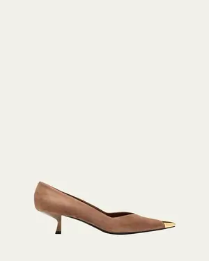 GIUSEPPE ZANOTTI Suede Cap-Toe Kitten Heel Pumps - Brown