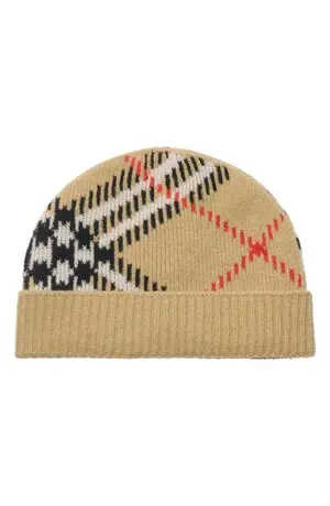 Burberry Jacquard Check Cashmere Blend Beanie - Sand