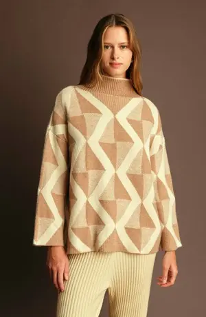 Deluc Troy Mock Neck Geometric Print Sweater - Beige With Ecru