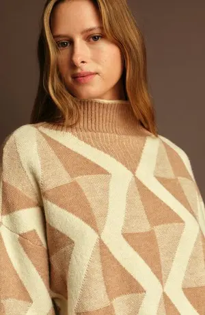 Deluc Troy Mock Neck Geometric Print Sweater - Beige With Ecru