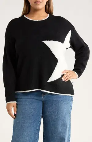 Vince Camuto Star Detail Crewneck Sweater - Rich Black