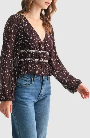 ALL IN FAVOR Lace Inset Tie Front Top - Burgundy Cream Daisy