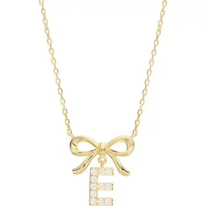 ATHRA LUXE Cubic Zirconia Bow Initial Pendant Necklace - E Gold