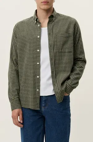 LES DEUX Konrad Microcheck Flannel Button-down Shirt - Green