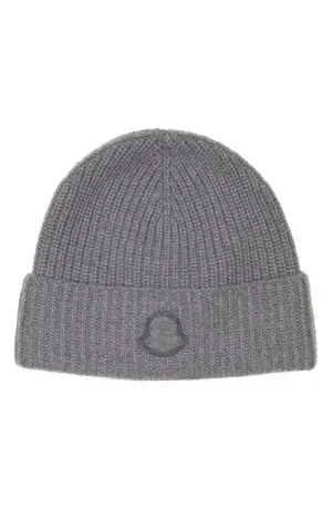 Moncler Embroidered Cashmere Beanie Gray