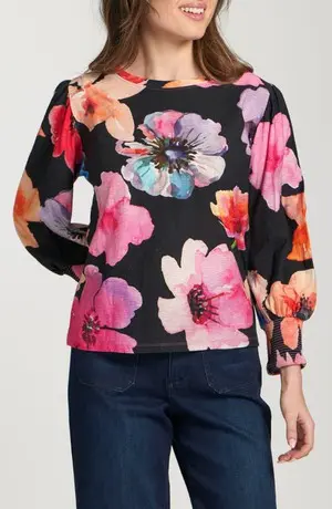 APNY Floral Print Cotton Slub Top Black Multi