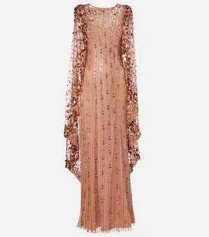 Jenny Packham Blaize Caped Embellished Gown - Pink