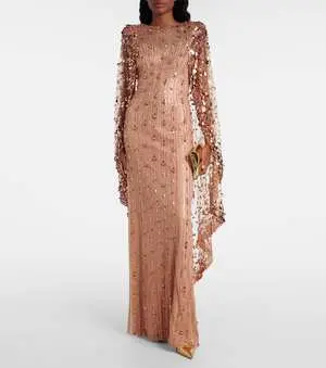 Jenny Packham Blaize Caped Embellished Gown - Pink