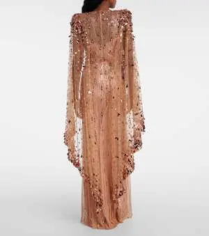 Jenny Packham Blaize Caped Embellished Gown - Pink