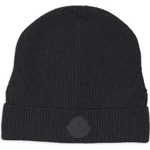Moncler Logo Patch Virgin Wool Beanie - Black