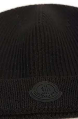 Moncler Logo Patch Virgin Wool Beanie - Black