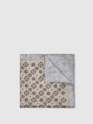 REISS Costanzo Silk Medallion-print Pocket Square - Oatmeal Melange