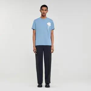 Sandro T-shirt With Flower Patch - Chambray