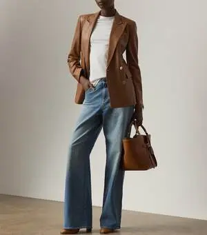 Ralph Lauren Leather Double-breasted Blazer - Beige