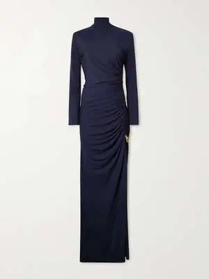 Bottega Veneta Embellished Ruched Jersey Turtleneck Maxi Dress