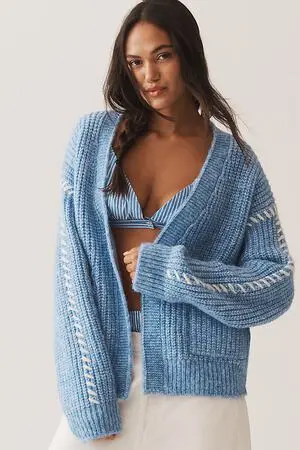 FLAT WHITE Stitched Cardigan Sweater Blue/white