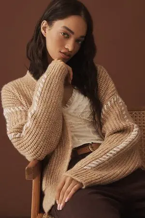 FLAT WHITE Stitched Cardigan Sweater - Camel/creme