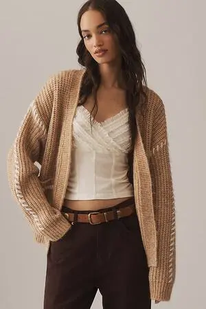 FLAT WHITE Stitched Cardigan Sweater - Camel/creme