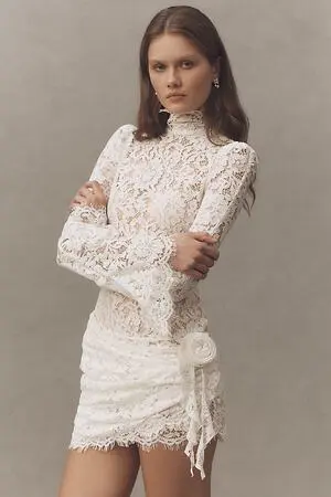 Bodita Long-Sleeve Lace Mini Dress by de La Vali in Ivory, Women's Size: 10