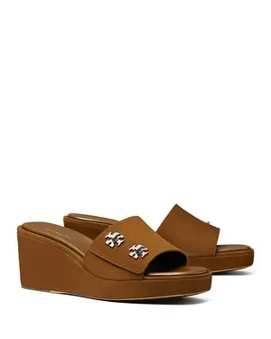 Tory Burch T Lock Suede Wedge Sandals - Cognac Brown