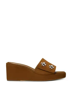 Tory Burch T Lock Suede Wedge Sandals - Cognac Brown