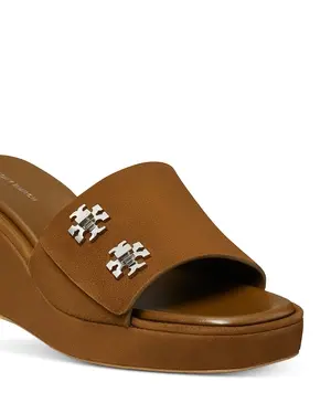 Tory Burch T Lock Suede Wedge Sandals - Cognac Brown