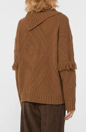 Max Mara Mastro Fringe & Cable Detail Virgin Wool Sweater - Hazelnut Brown
