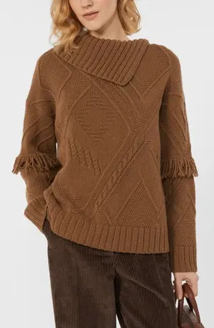 Max Mara Mastro Fringe & Cable Detail Virgin Wool Sweater - Hazelnut Brown