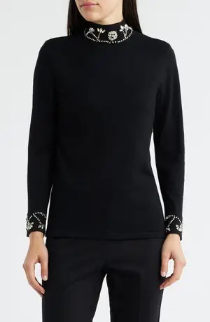 Anne Klein Embellished Mock Neck Sweater - Anne Black