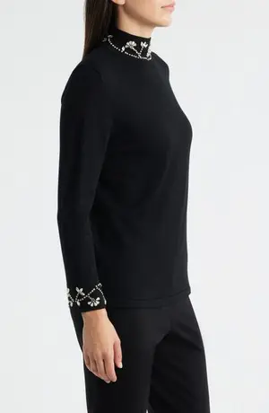 Anne Klein Embellished Mock Neck Sweater - Anne Black